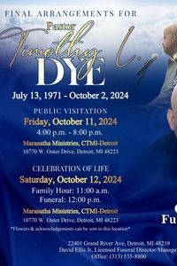 Pastor Timothy Layfield Dye Obituary in Detroit at Ellis Funeral Home ...