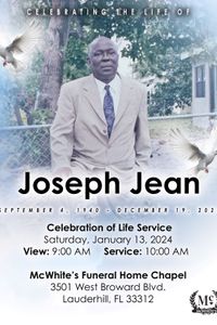 Joseph Jean Obituary in Ft. Lauderdale at McWhite's Funeral Home | Ft. Lauderdale, FL