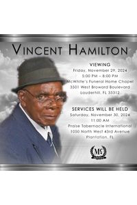 Vincent Roy Hamilton Obituary in Ft. Lauderdale at McWhite's Funeral Home | Obit