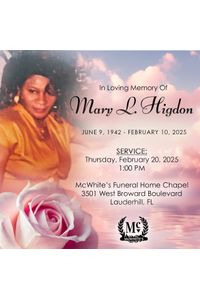 Mary Lee Higdon Obituary in Ft. Lauderdale at McWhite's Funeral Home | Obit
